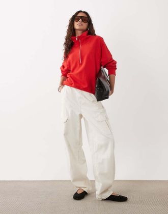 Arket pull athleisure 100 % coton &agrave; manches longues et demi-zip rouge vif