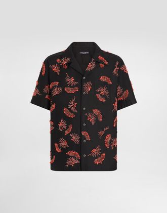 Dolce & Gabbana Kurzarmhemd Aus Baumwolle Mit Korallenstickerei - Mann Hemden Schwarz Baumwolle 40
