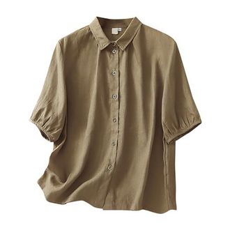 Generic Chemise en lin pour femme, coupe ample, surdimensionn&eacute;e, boutonn&eacute;e, col montant, manches courtes, chemisiers d&eacute;contract&eacute;s pour femme, kaki, XXL
