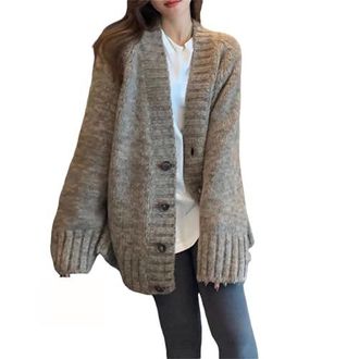 Generic Cardigan en tricot uni pour femme - Col en V - Simple boutonnage - &Eacute;l&eacute;gant et d&eacute;contract&eacute; - Pour lhiver, Kaki, taille unique