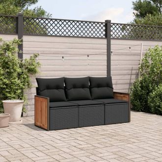 vidaXL 3-tlg. Garten-Sofagarnitur mit Kissen Schwarz Poly Rattan - Vidaxl