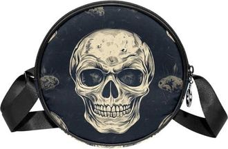 Generic Sac à bandoulière rond pour femme, sac à bandoulière rétro avec fermeture éclair, bretelles réglables, style décontracté, pour femmes et filles, Crâne