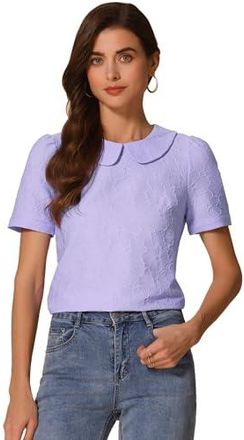 Allegra K Chemisier à col Claudine pour Haut Kawaii à Manches Courtes en Jacquard Floral pour Femme Mauve XS