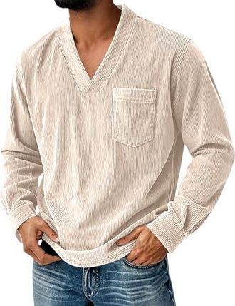 Generic T-shirts &agrave; manches longues en velours c&ocirc;tel&eacute; pour homme - Couleur unie - Haut d&eacute;t&eacute; tendance - Col en V - Coupe ample - Confortable - Respirant - V&ecirc;tem