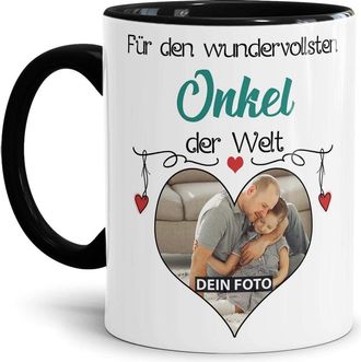 Tassendruck Tasse mit Spruch - Wundervollster Onkel der Welt - personalisiert mit Wunschfoto - Geschenkidee für den Onkel - Innen & Henkel Schwarz, 300 ml