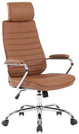Clp Chaise De Bureau Rako en v&eacute;ritable Cuir I Hauteur R&eacute;glable Et Si&egrave;ge Pivotant I Accoudoirs I Pi&egrave;tement M&eacute;tal Chrom&eacute;, Couleur:Brun Clair