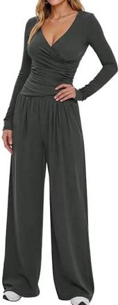 Feoya Tenue DInt&eacute;Rieu Femmes Ensemble Lounge Manches Longues Surv&ecirc;Tement Ensemble Deux Pi&egrave;Ces Tenue Loisirs Yoga Set Gris M