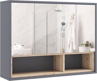 HOMCOM Homcom - Armoire miroir de salle de bain - 3 portes, 3 étagères, 2 niches - dim. 80 x 20 x 60 cm - gris effet bois clair naturel