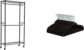 Amazon Basics Portant &agrave; double tringle avec roulettes Noir & Lot de 50 cintres en velours pour costumes Noir