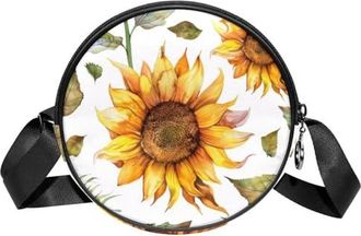 Generic Petit sac &agrave; bandouli&egrave;re rond pour femme, motif tournesol avec fermeture &eacute;clair, bretelles r&eacute;glables, style d&eacute;contract&eacute;, pour femmes et filles