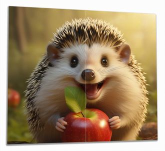 Wallario Herdabdeckplatte/Spritzschutz aus Glas, 2-teilig, 60x52cm, für Ceran- und Induktionsherde, Lächelnder Igel mit Apfel