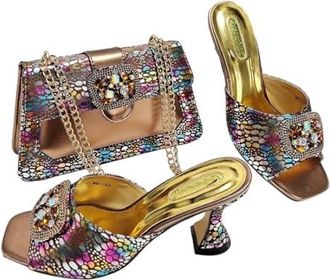 Generic Ensemble de chaussures et sac à talons hauts avec strass pour femme Rose, café, 42.5 EU