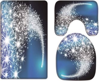 A.Monamour Badezimmer Badematte 3 Teilig Set Funkelnde Sterne Hinter Blauen Kunstdekoren Der Abstrakten Kunst des Hintergrundes Flanell Saugfähig Badteppiche Bad