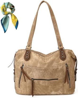 Generic Slouchy Shoulder Bag for Women Ladies,Large Capacity PU Leather Vintage Tote Bags,Underarm Hobo Handbag Purse Travel (Khaki)