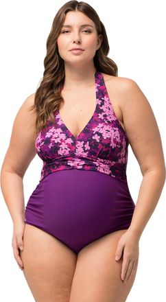 Ulla Popken Damen große Größen Übergrößen Plus Size Bellieva-Badeanzug, Blüten, Umstandsmode, Softcups Brombeere 52 822775825-52