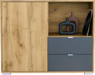 Vladon Kommode Milano, Sideboard mit 1 Tür Eiche Evoke und 2 Schubladen Anthrazit matt, Made in Germany, Korpus Eiche Evoke (103 x 83 x 37 cm)