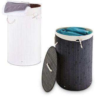 Relaxdays Panier &agrave; linge bambou, lot de 2, corbeille linge pliante, 80 L, sac int&eacute;rieur coton, noir - blanc