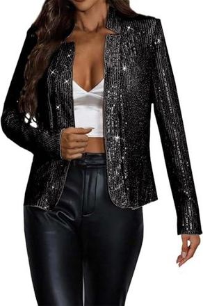 Generic Cardigan &agrave; paillettes pour femme, haut de f&ecirc;te pour femme, couleur unie, tunique brillante, cardigan d&eacute;contract&eacute; ouvert sur le devant, manteaux &agrave; col 
