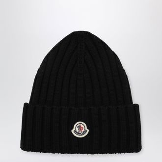 Moncler Schwarze Zopfmuster-Beanie aus Wolle mit Logo