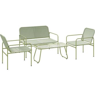 HOMCOM Salon de Jardin ext&eacute;rieur r&eacute;sine tress&eacute;e 4 places, canap&eacute; 2 places, 2 chaises, table en verre tremp&eacute; cadre acier vert-Vert