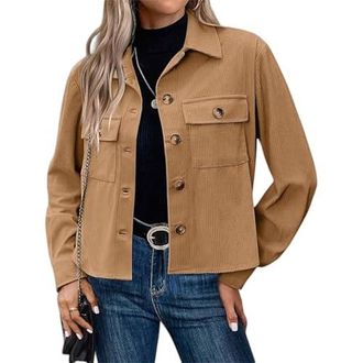 Generic Veste courte d&eacute;contract&eacute;e &agrave; manches longues et col &agrave; revers pour femme en velours c&ocirc;tel&eacute;, marron, XXL