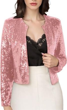 Generic Blouson bomber &agrave; paillettes &agrave; manches longues et fermeture &eacute;clair pour femme avec poches, tenue de f&ecirc;te scintillante, rose, XXL