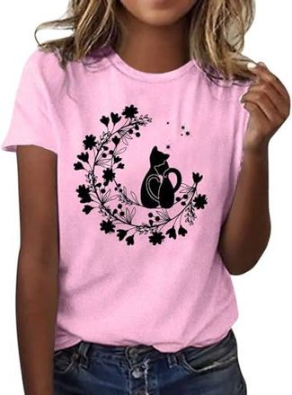 Generic T-shirt graphique &agrave; manches courtes pour femme avec imprim&eacute; coeur pour la Saint-Valentin 2026, rose, XL