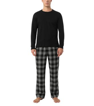 Lapasa Herren Pyjama-Set Relaxed Fit Schlafanzugset, Flanell Hose & Baumwolle Top M79, Schwarz + schwarzes/wei&szlig;es Karomuster, L