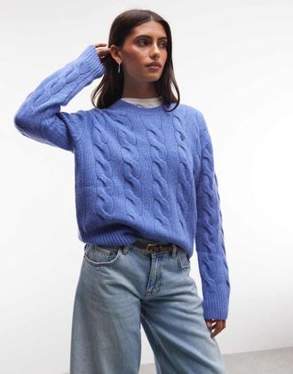 Polo Ralph Lauren pull &agrave; maille torsad&eacute;e coupe droite avec logo icon bleu