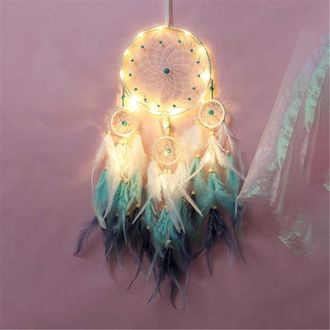 Railonch Vintage Blau Traum Dreamcatcher, Feder Traumf&auml;nger mit LED Licht, Handgemachte Dream Catcher f&uuml;r Kinder Zimmerdekoration und Kreatives Wandbehang Gesc