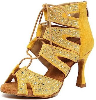 Minitoo Chaussures de danse pour femme - Avec strass - Pour soirée, mariage, L570 Jaune Talon de 9 cm, 37 EU
