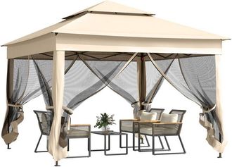OUTSUNNY Tonnelle barnum automatique pop-up 3 x 3 m m&eacute;tal polyester imperm&eacute;abilis&eacute; anti UV moustiquaires sac transport beige