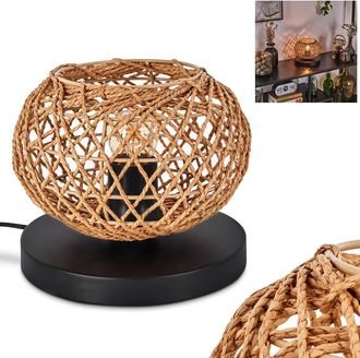 HOFSTEIN Tischleuchte Mulstrand, Tischlampe aus Metall/Papierseil in Schwarz/Braun, Leuchte im Boho-Design mit Schirm in Gitter-Optik (&Oslash; 20cm), Lichteffekt u. 