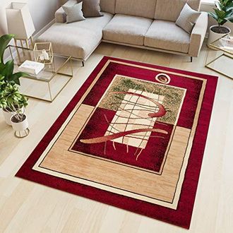 Tapiso Atlas Tapis Poils Ras Moderne Rouge Beige Cr&egrave;me G&eacute;om&eacute;trique Vitre Bordure Mouchet&eacute; Tapis Salon Chambre Adulte Salle &agrave; Manger Bureau Oeko-TEX R&eacute;sistant