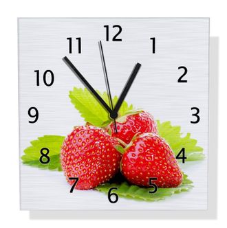 Wallario Design Wanduhr Frische rote Erdbeeren f&uuml;r die K&uuml;che aus Aluverbund, Alu-Uhr Gr&ouml;&szlig;e 30 x 30 cm, Schwarze Zeiger mit Metalloptik
