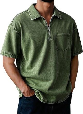 Generic Polo &agrave; manches courtes avec poche &agrave; fermeture &eacute;clair 1/4 pour homme - Haut de golf vintage - D&eacute;contract&eacute; - R&eacute;tro - Chemisier d&eacute;t&eacute;, Polos Vert Fonc&eacute; po