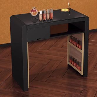 Generic Manicure Table Station Modern Professional, Wooden with Glass Top, Drawers and Open Storage, Beauty Salon Nail Salon, Black and Dressing,Bl102Cm