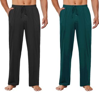 Ekouaer Schlafanzug Herren Hose Lang mit Taschen Pyjamahose Straight-Fit Schlafhose Freizeithose,Einfarbig Schwarz+Einfarbig Blaugrün,XXL