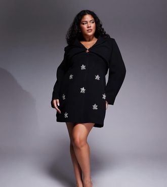 Asos Curve - Elegantes, strukturiertes, lang&auml;rmliges Kleid in Schwarz mit Verzierung
