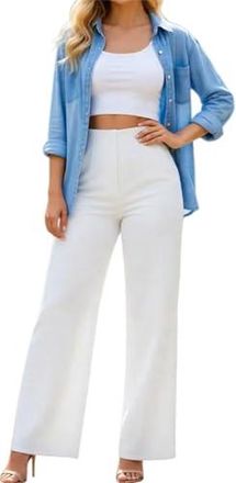 Generic Pantalon large taille haute extensible pour femme - Pour le travail et le travail - Avec poches - Pantalon fluide, blanc, XXL