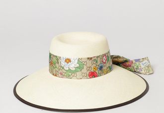 Gucci Panamahut aus Raffia mit gebl&uuml;mtem Seidentwillband