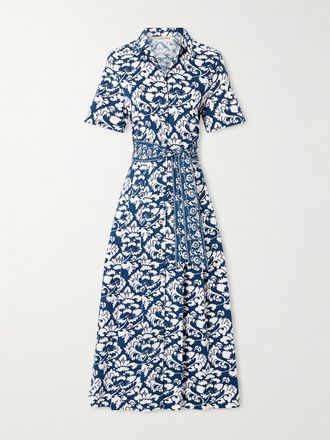 Emporio Sirenuse Claudia Midi-hemdblusenkleid Aus Baumwolle Mit Blumenprint, Falten Und Bindeg&uuml;rtel - Blau