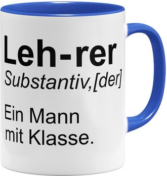 OM3 Ein Mann mit Klasse - Lehrer Tasse mit Spruch - Lehrergeschenk - Keramik Becher - 11oz 325ml - Beidseitig Bedruckt - Blau