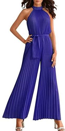 QWUVEDS Combinaison pliss&eacute;e d&eacute;contract&eacute;e pour femme - Col solide - Sans manches - Ceinture boutonn&eacute;e - L&eacute;g&egrave;re, bleu fonc&eacute;, L