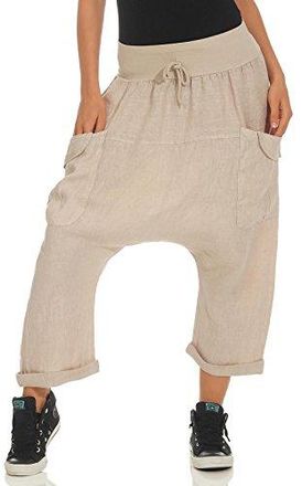 Malito more than fashion Malito Pantalons bouffants en Tissu de Lin pour Les Femmes dans Les Couleurs Unies Pantalons de Loisirs pour la Plage Pantalons Capri 6285 (Beige)