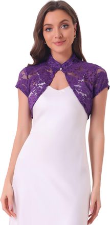 Allegra K Damen Sommer Spitze Bolero Strickjacke Kurzarm Hochzeit Leicht Elegante Festlich J&auml;ckchen f&uuml;r Abendkleid Dunkelviolett XL