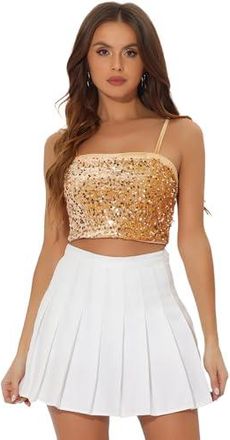 Allegra K Femme Velours Spaghetti Strap Paillettes Paillettes Camisole Crop Cami Top Or Champagne XS