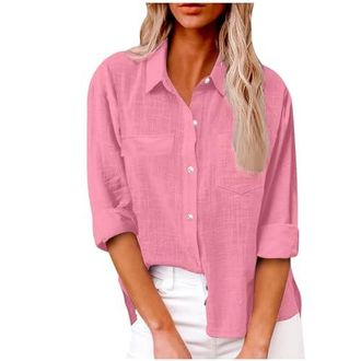 Generic Chemise en lin &agrave; manches longues pour femme 2026 tendance en coton et lin avec col en V, t-shirt ample d&eacute;contract&eacute; pour sortir, v&ecirc;tements avec poches,