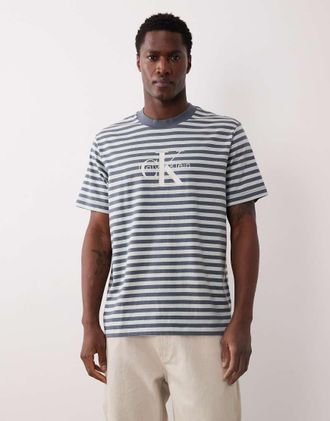 Calvin Klein Jeans T-Shirt in Anthrazit mit Streifen und schwarz-wei&szlig;em Logo-Grau