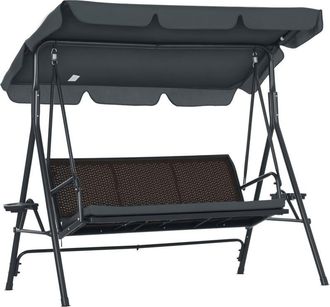 OUTSUNNY Balancelle de jardin - Outsunny - 3 places - toit inclinaison r&eacute;glable avec porte-gobelets et plateaux - cadre en acier - gris fonc&eacute;